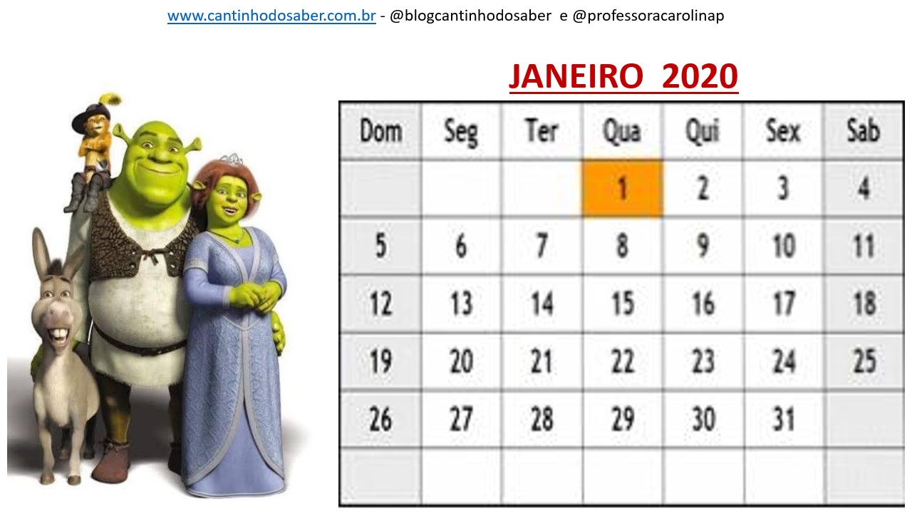 Calendário 2020 do Shrek - Atividades para a Educação Infantil ...
