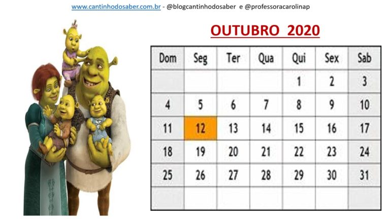 Calendário 2020 do Shrek - Atividades para a Educação Infantil ...