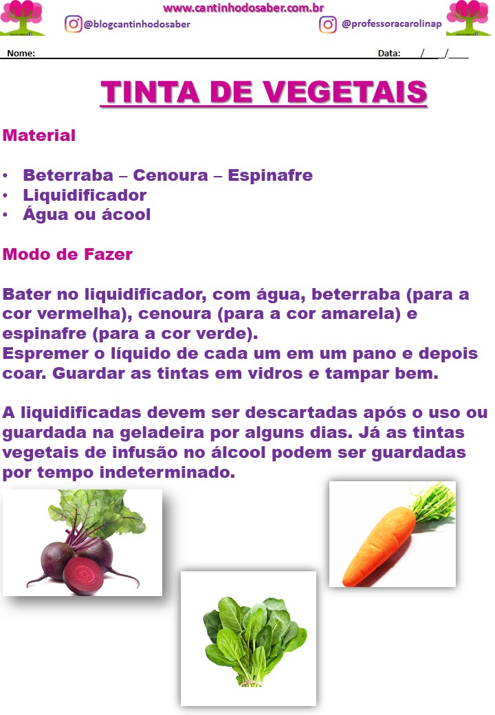 Receita de tinta de vegetais - Atividades para a Educação Infantil ...