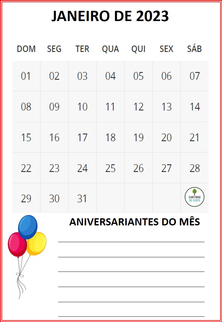 Calendário 2023 completo - 1 mês por folha para baixar
