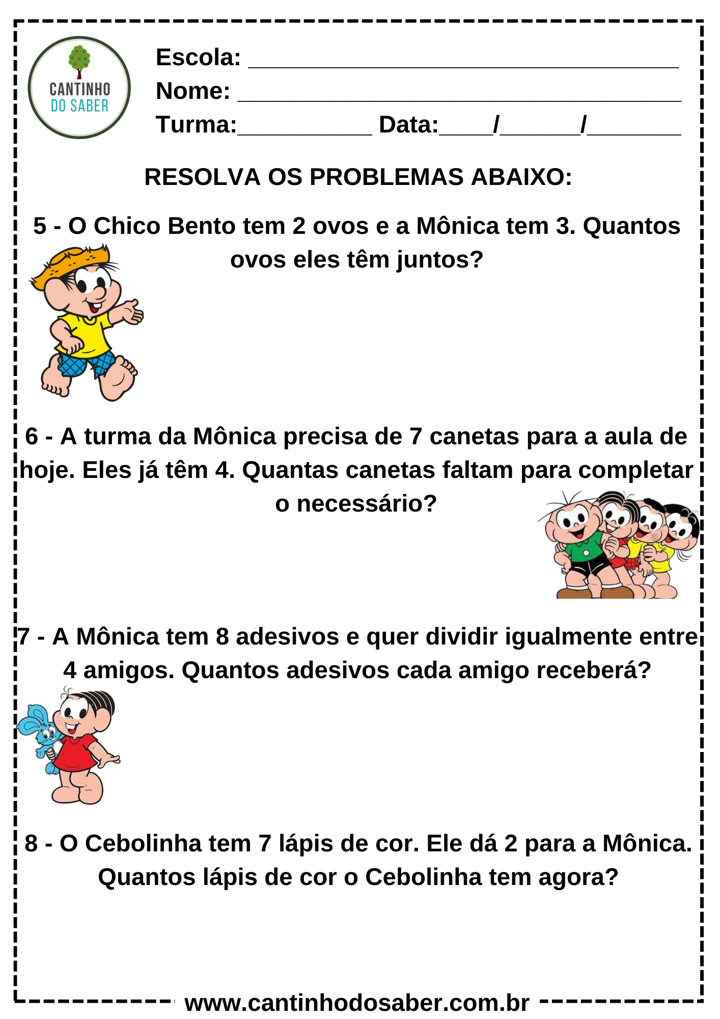32 PROBLEMINHAS PARA O 1º ANO DA TURMA DA MÔNICA - PARTE 1