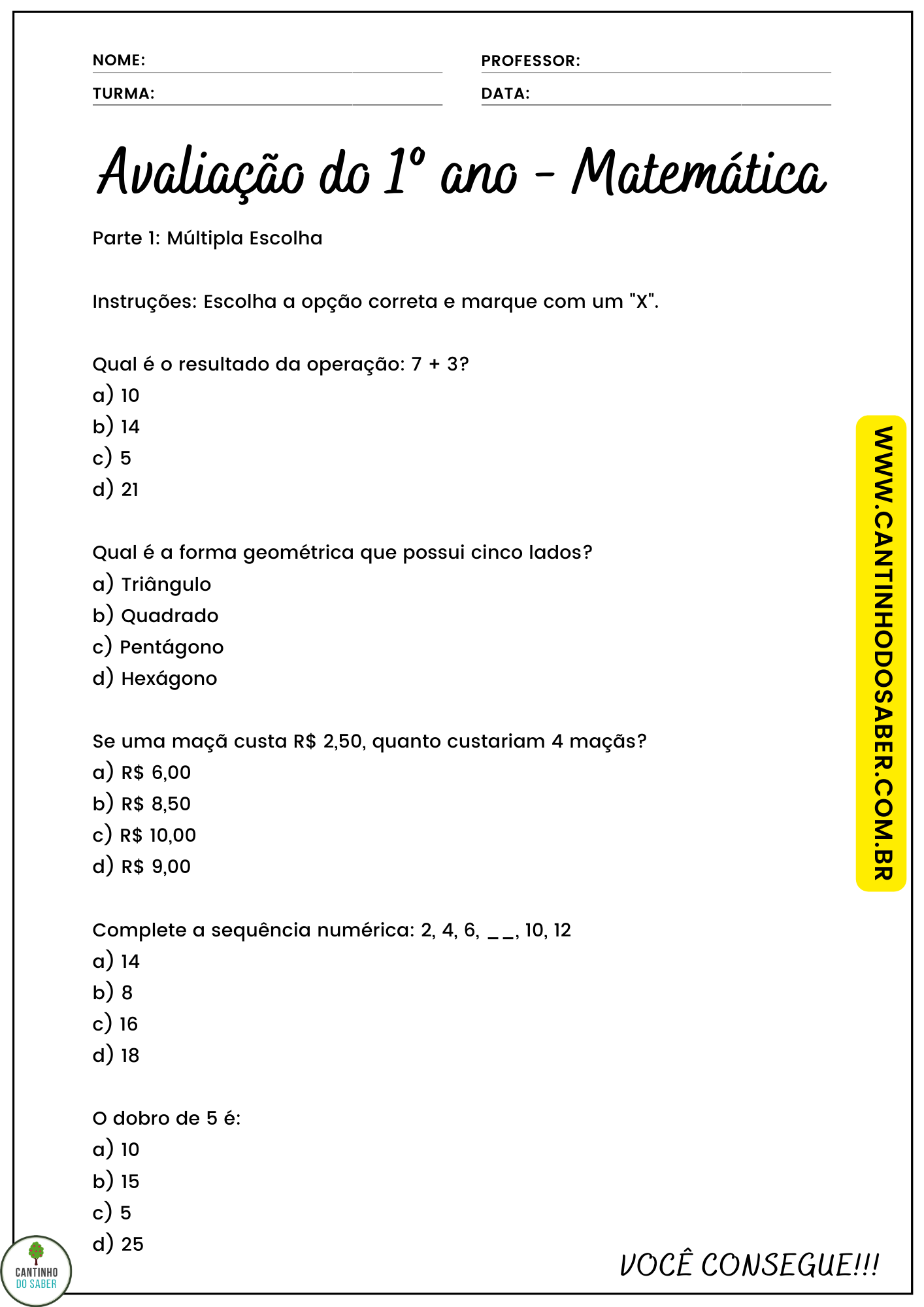 AVALIAÇÃO 1 ANO DE MATEMÁTICA - 4 BIMESTRE - Atividades para a Educação ...