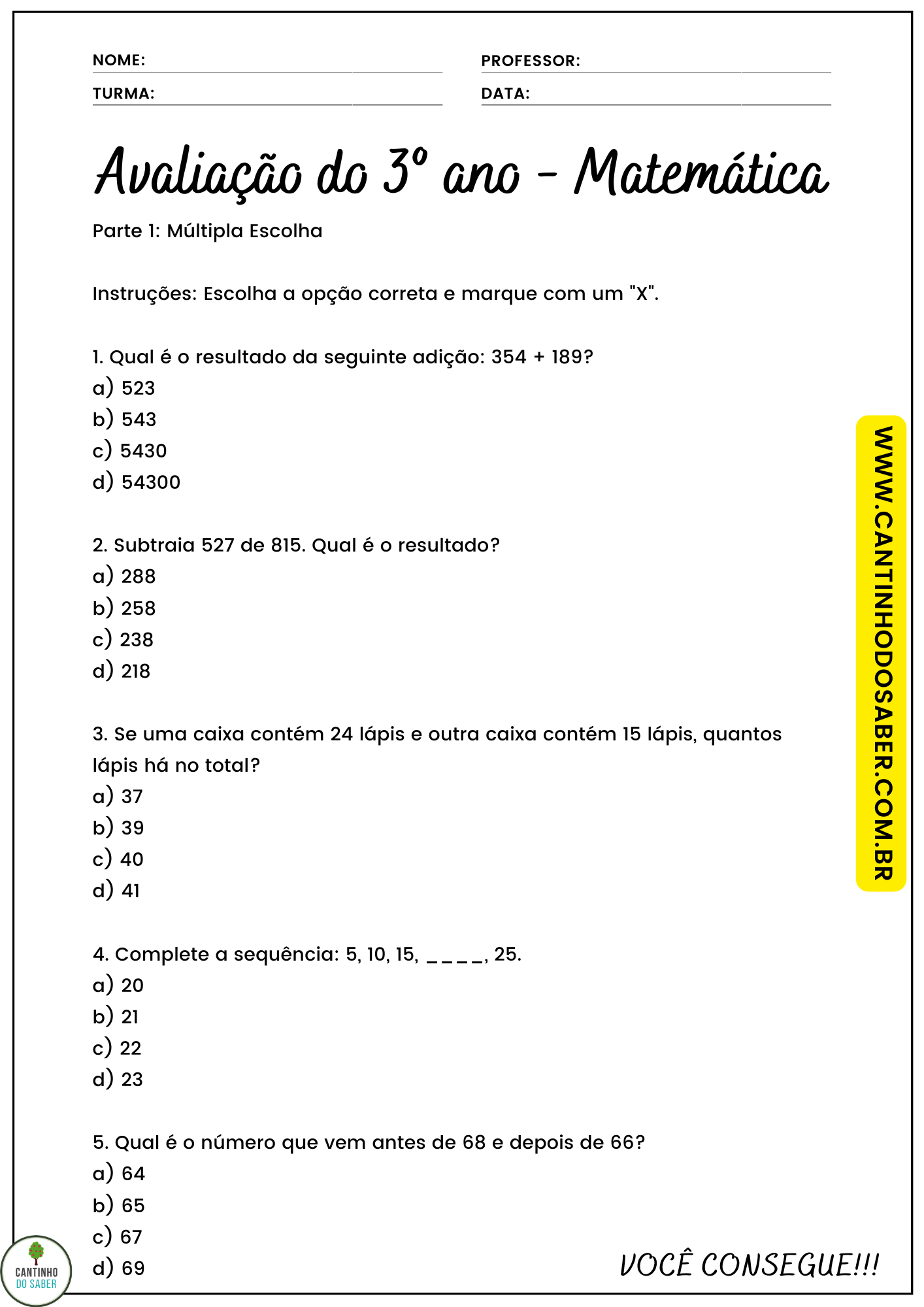 Prova De Matemática 3 Ano Fundamental Para Imprimir Word - FDPLEARN