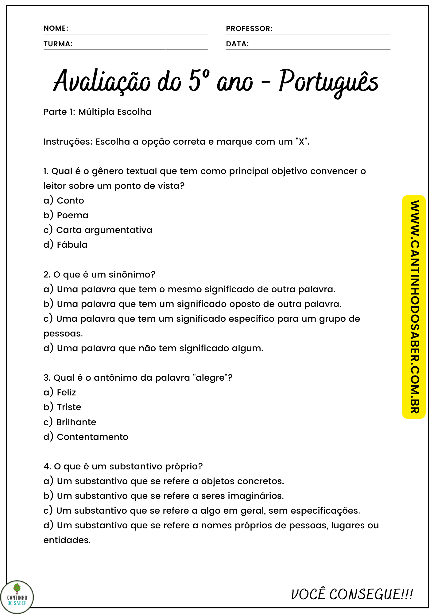 Avaliação Diagnostica 5 Ano Portugues - RETOEDU