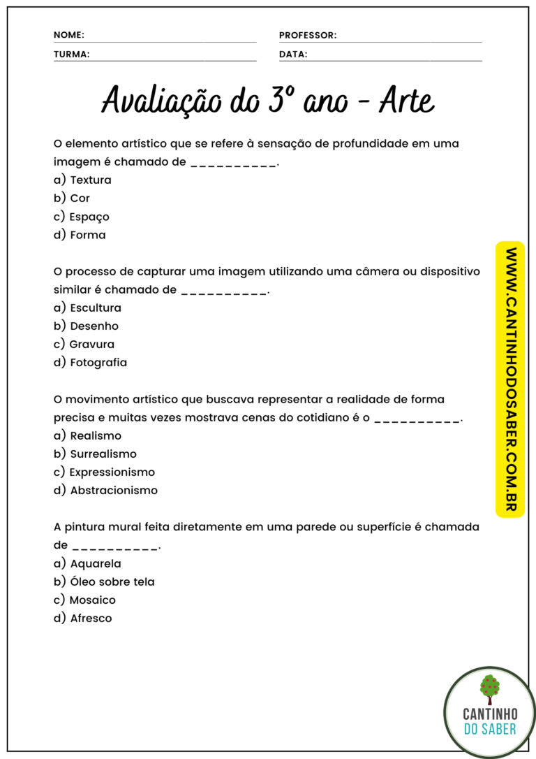 AVALIAÇÃO DE ARTE para o 3º ano - 3º bimestre - Atividades para a ...