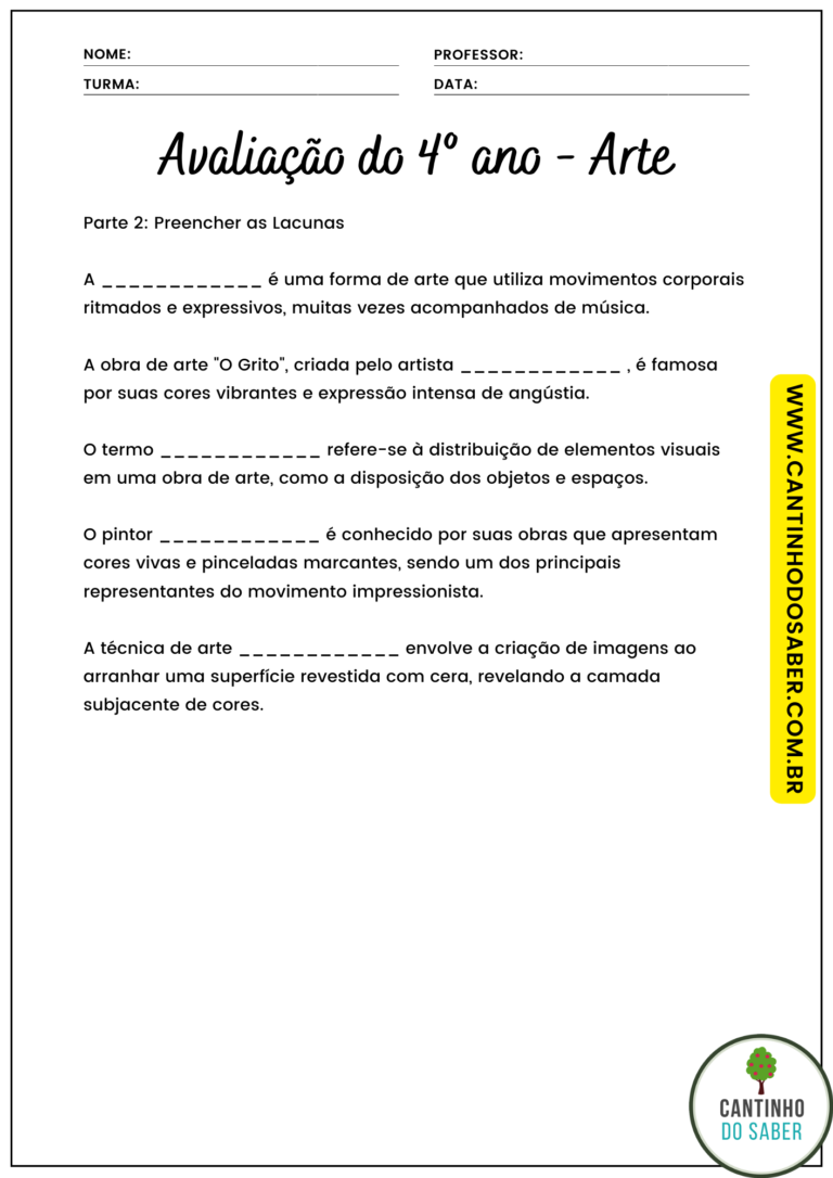 AVALIAÇÃO DE ARTE para o 4º ano - 3º bimestre - Atividades para a ...