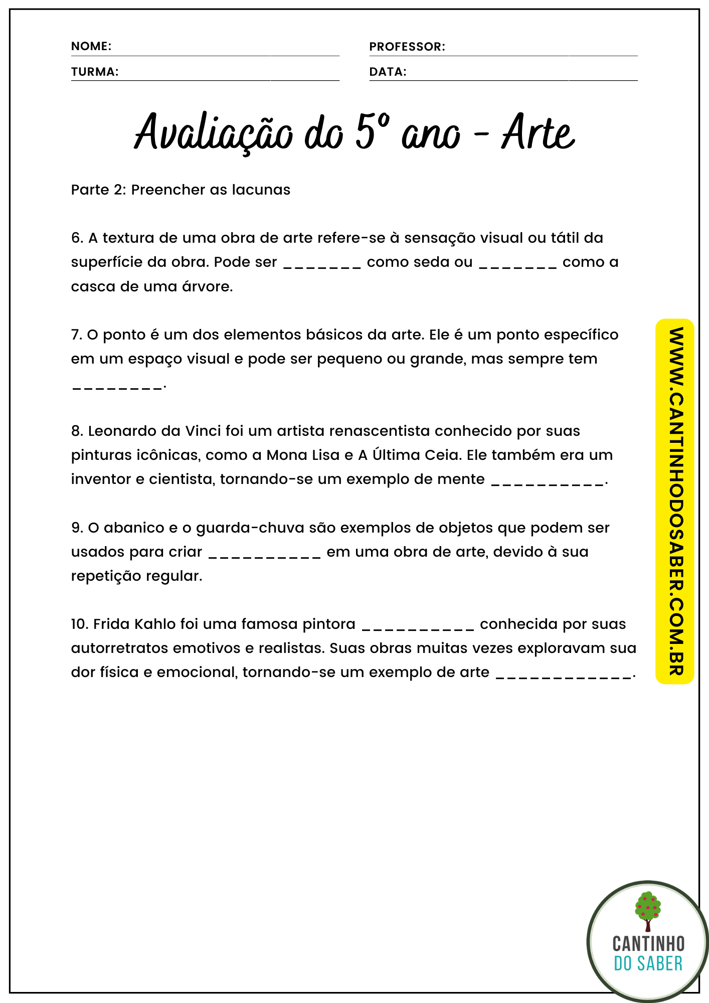 Atividade De Artes Para O 5o Ano - RETOEDU