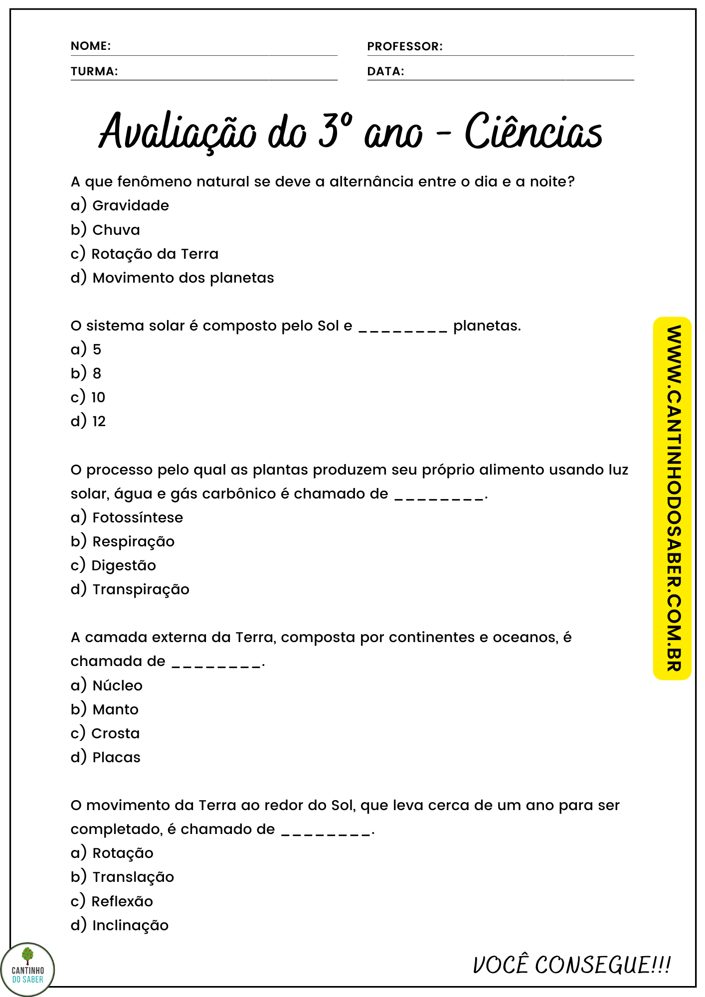 AVALIAÇÃO DE CIÊNCIAS 3º ANO - 3º BIMESTRE - ENSINO FUNDAMENTAL