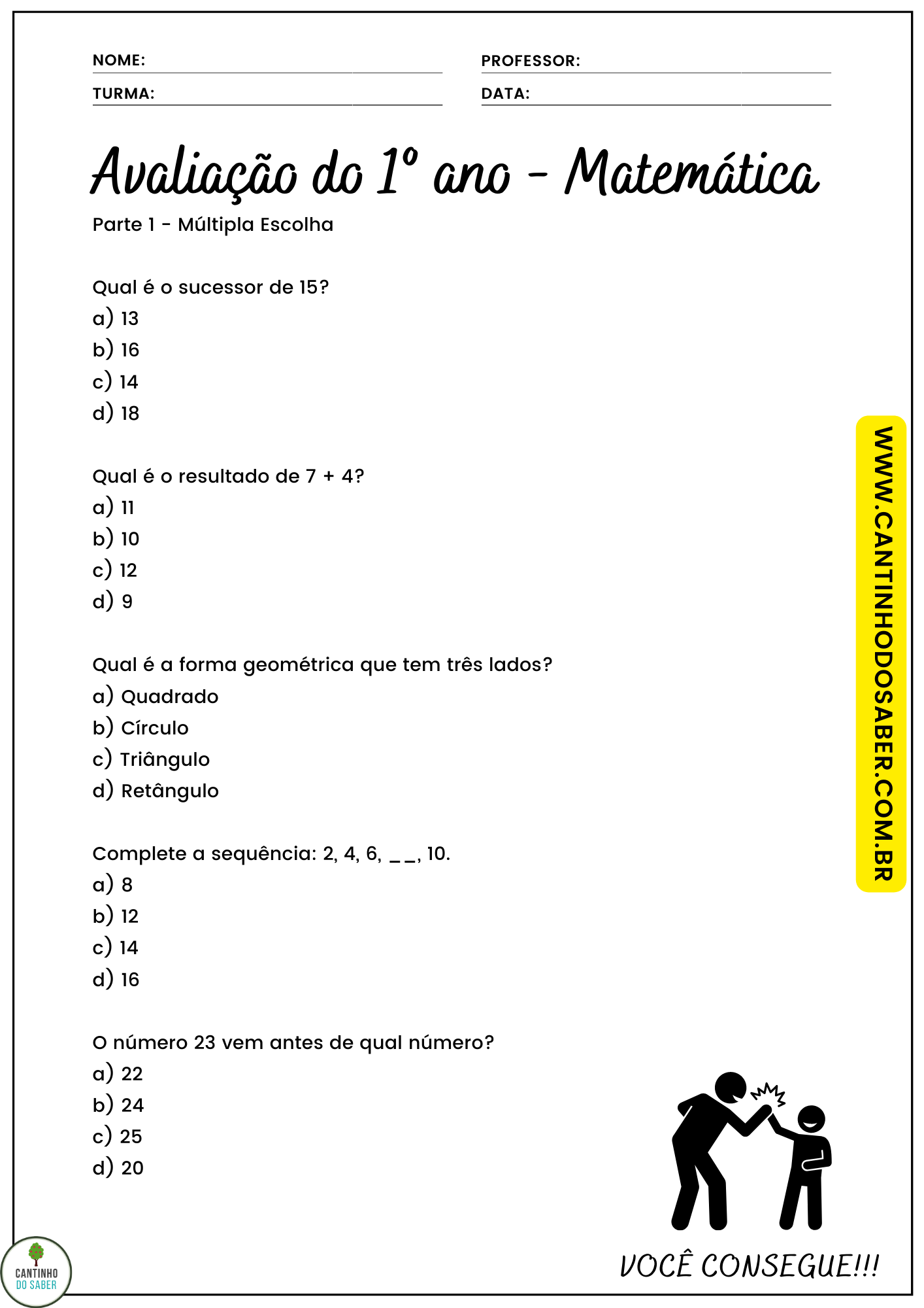 AVALIAÇÃO DE MATEMÁTICA 1º ANO - 3º BIMESTRE - ENSINO FUNDAMENTAL
