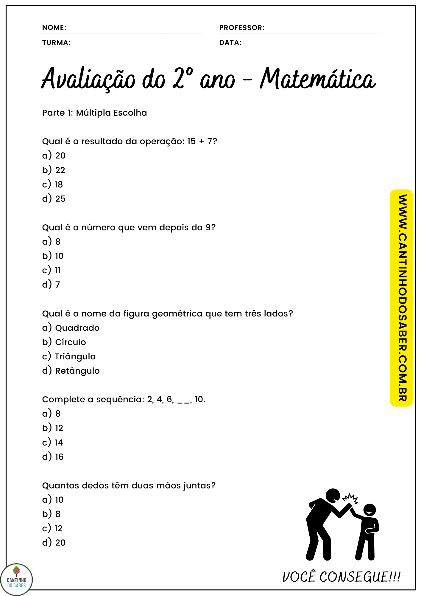 AVALIAÇÃO DE MATEMÁTICA 2º ANO - 3º BIMESTRE - ENSINO FUNDAMENTAL