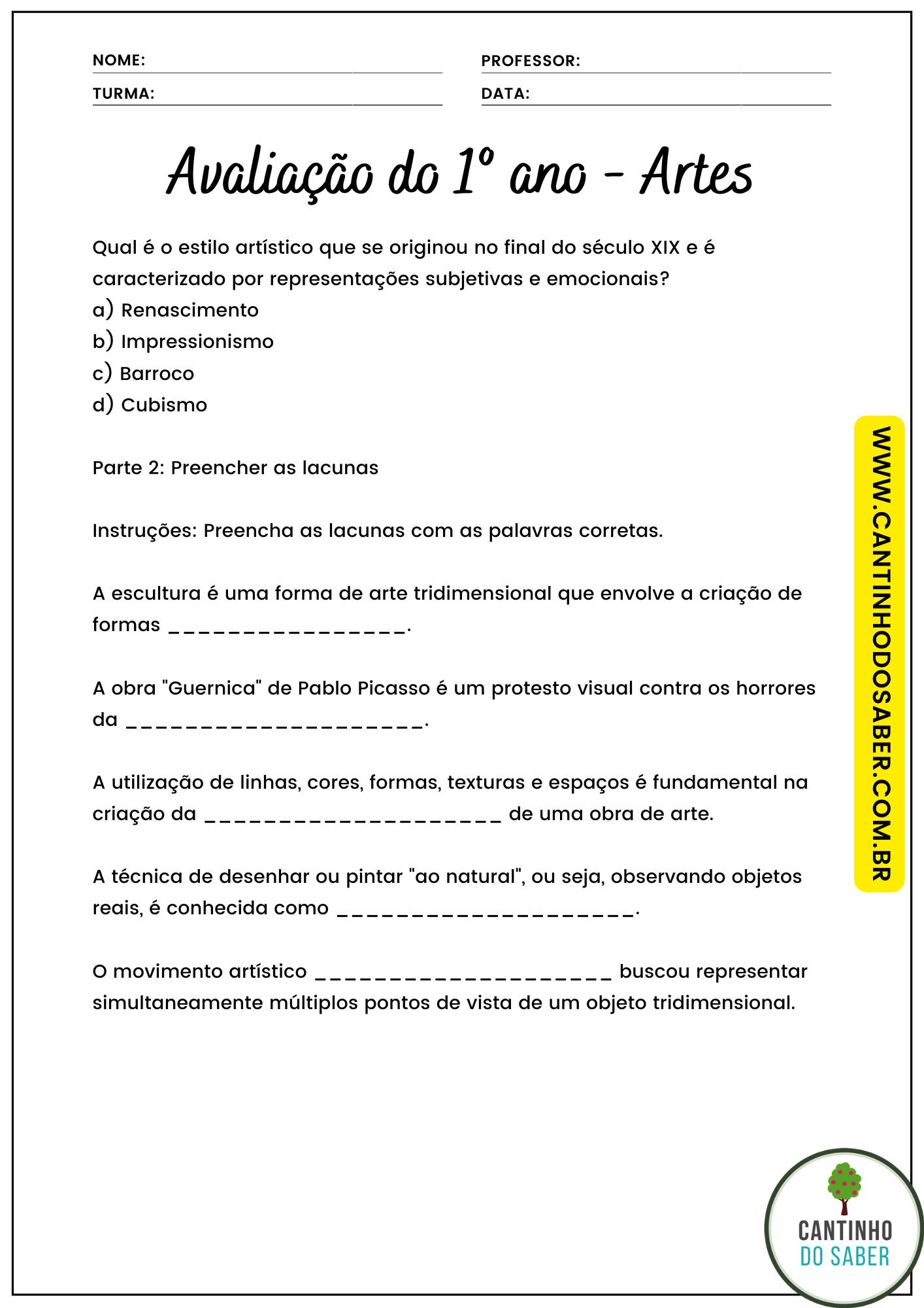 Avaliação De Artes 5 Ano 1 Bimestre - NAZAEDU