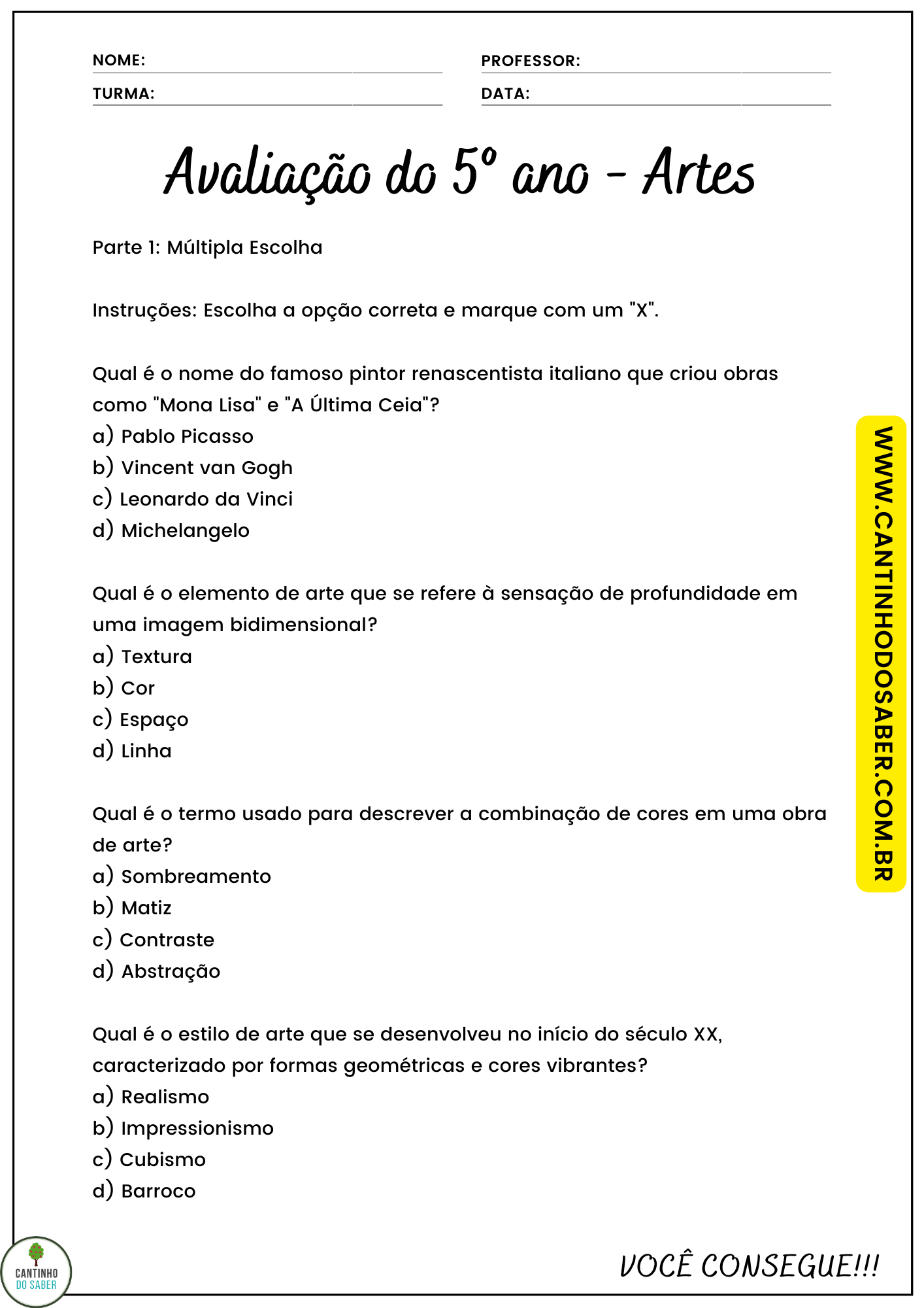 AVALIAÇÃO 5 ANO DE ARTES - 4 BIMESTRE - Atividades para a Educação ...