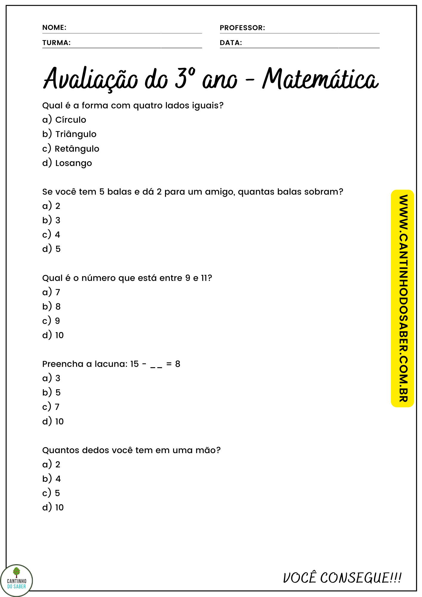 Prova De Matematica 3 Ano Fundamental 1 Bimestre - FDPLEARN