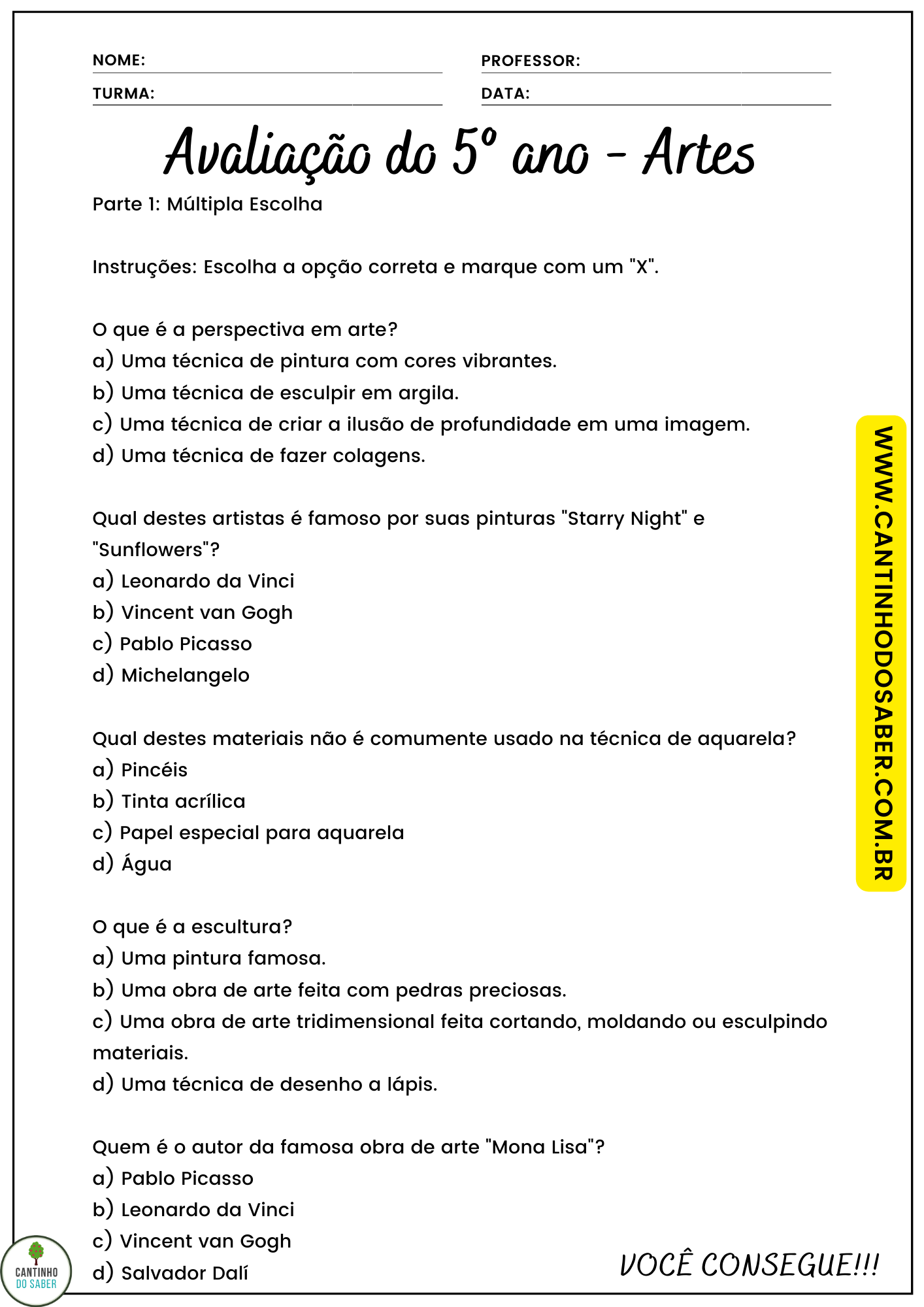 AVALIAÇÃO 5 ANO DE ARTES - 1 BIMESTRE - Atividades para a Educação ...