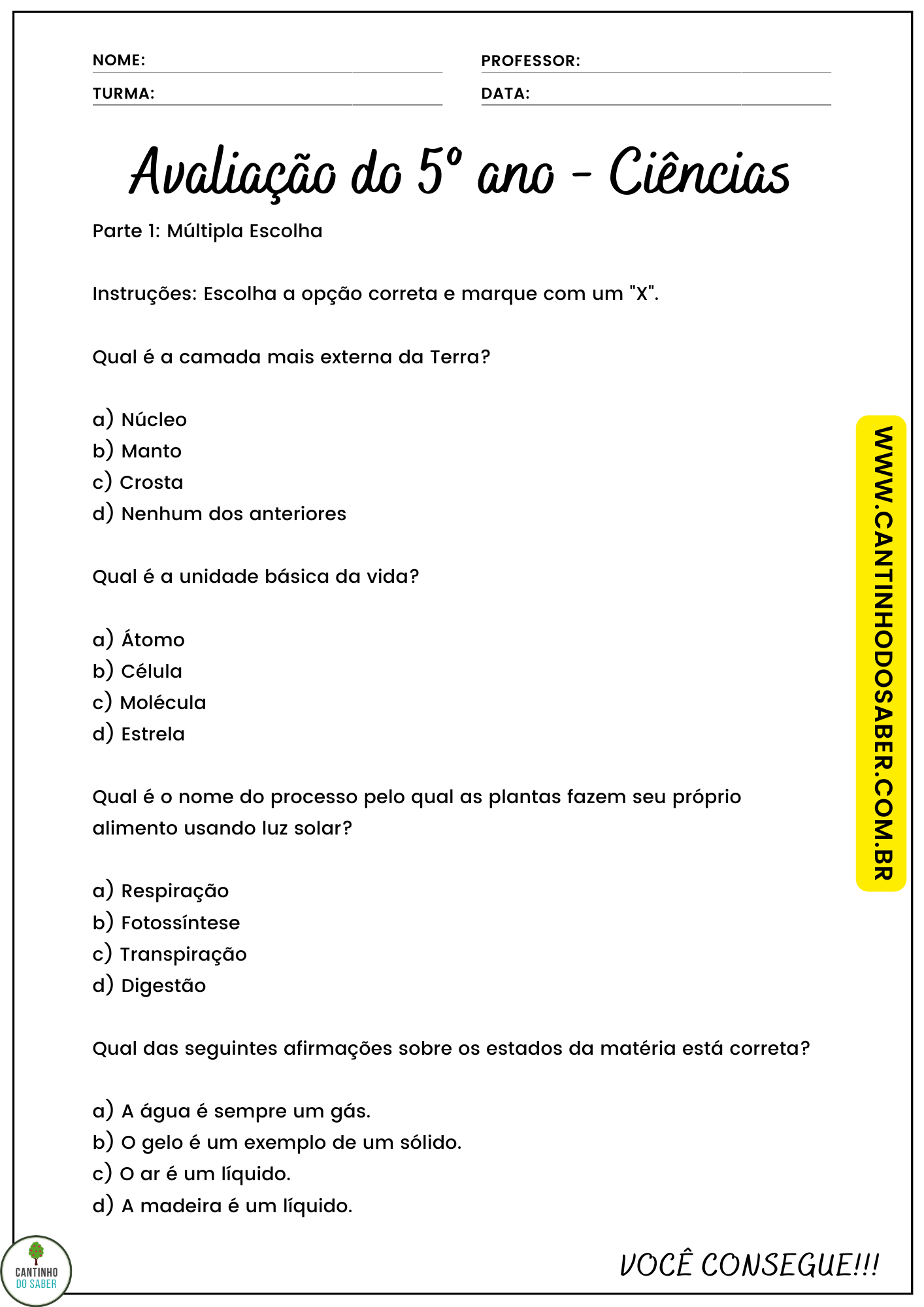AVALIAÇÃO DE CIÊNCIAS 5º ANO - 1º BIMESTRE - ENSINO FUNDAMENTAL