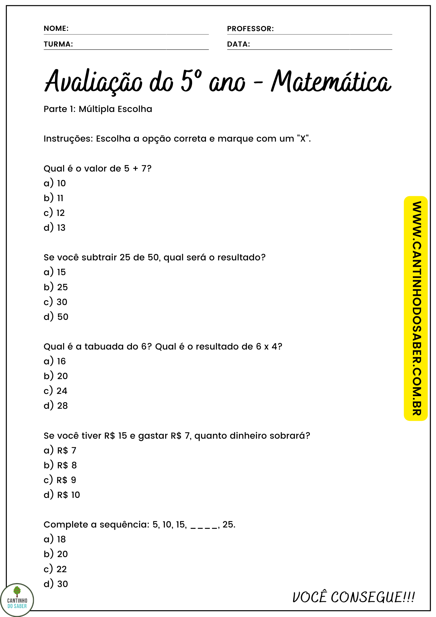 Prova De Matematica 7 Ano 1 Bimestre Com Gabarito - FDPLEARN