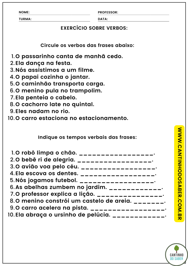ATIVIDADES DE VERBOS PARA ENSINO FUNDAMENTAL