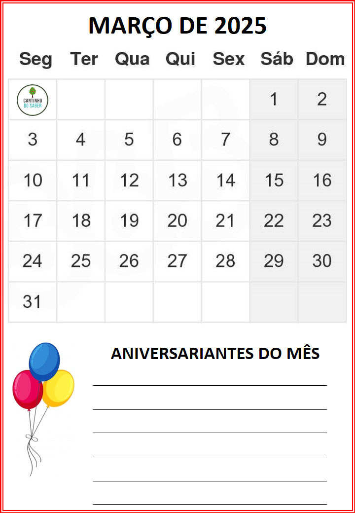 CALENDÁRIO 2025 1 MÊS POR FOLHA - COMPLETO PARA IMPRIMIR